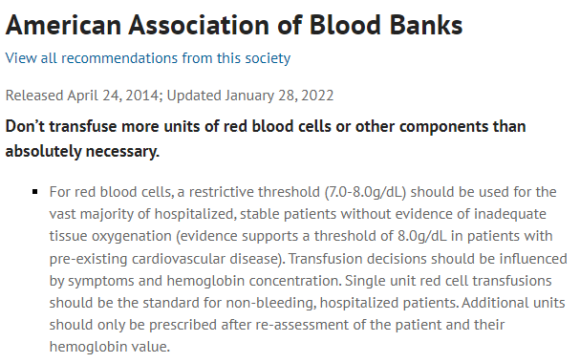 What is the recommended hemoglobin (Hb) transfusion trigger in a ...